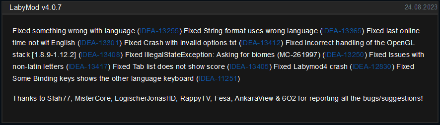 Broken formatting in the changelog | LabyMod Idea